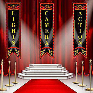 Tegeme Movie Night Porch Sign Banner Theme Party Decorations Theater Welcome Now Showing Lights Camera Action Hanging for Home Film Backdrop Supplies (Delicate Style, 3 Pieces)