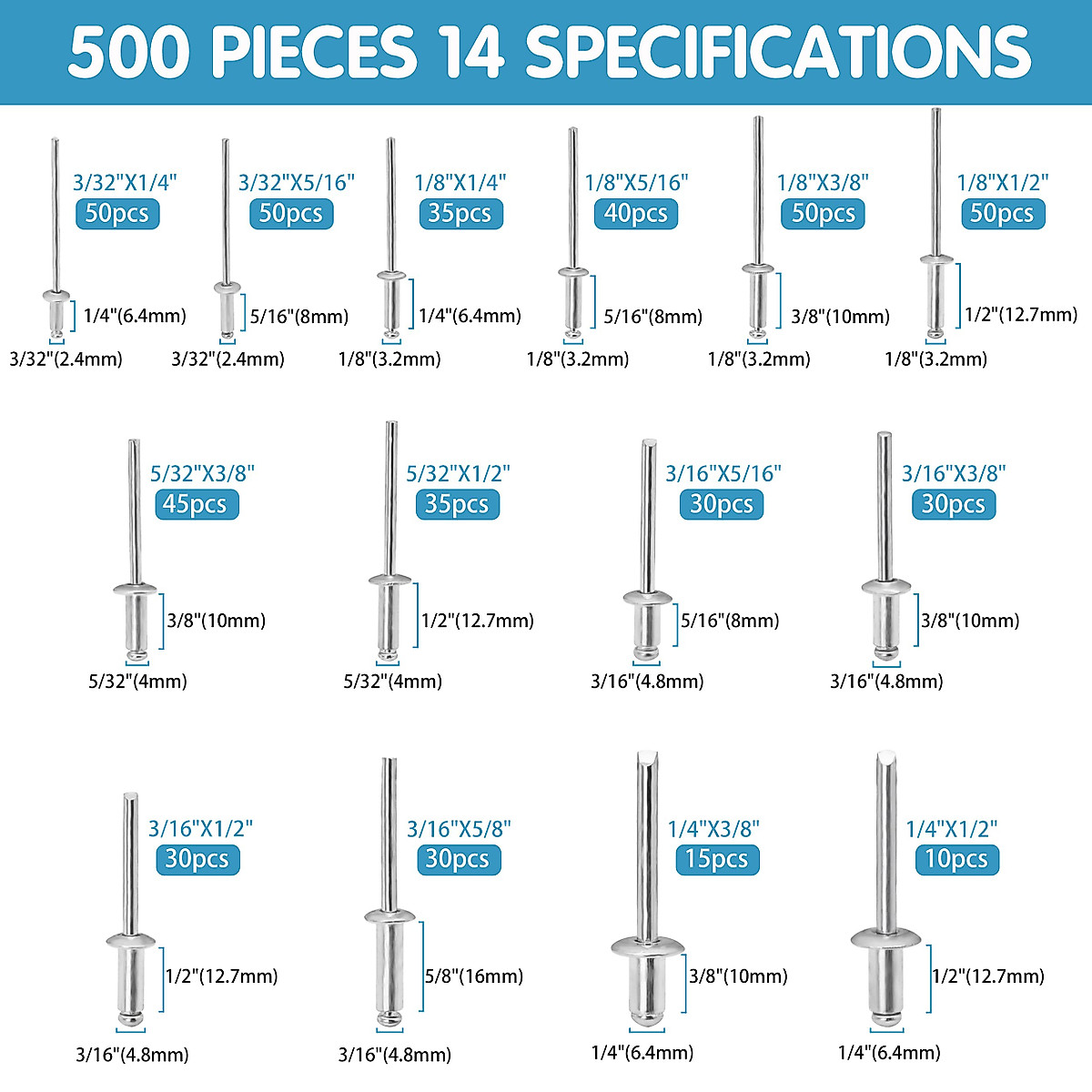 SATANTECH 500pcs Pop Rivets Assortment Kit,14 SAE Sizes Aluminum Rivets (3/32" 1/8" 5/32" 3/16" 1/4"), Assorted Blind Rivets with Reinfored Divider & Labeled Case