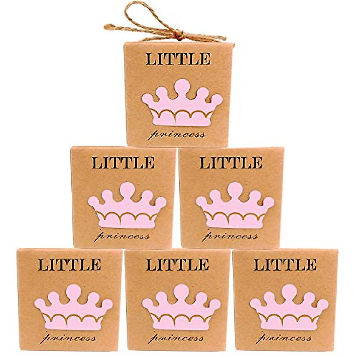 50pcs Little Princess Baby Shower Favor Boxes + 50pcs Twine Bow, Candy Bag Rustic Kraft Paper Gift Box for Baby Shower Party Supplies Cute 1st Birthday Girl Decoration