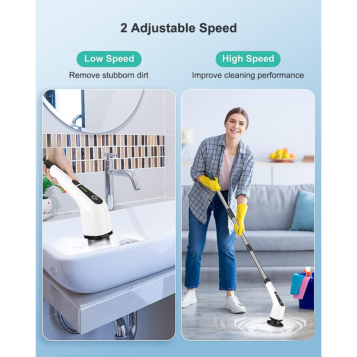 Vaxeple Electric Spin Scrubber, Cordless Cleaning Brush with 54" Adjustable Long Handle and 8 Replaceable Brush Heads, 2 Working Speed Shower Scrubber