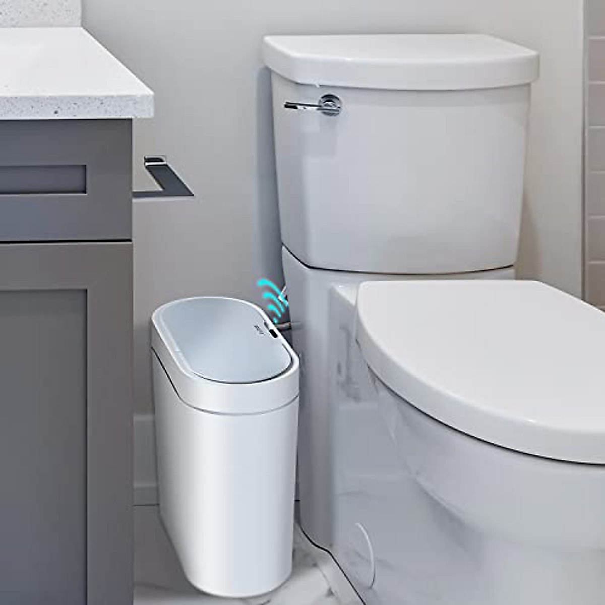 JOYBOS 3 Pack Stackable Storage Bins with Lids and Bathroom Sensor Trash Can