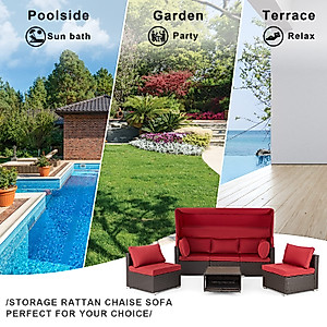 HOMREST 6 Pieces Patio Furniture Sets, Rattan Daybed with Retractable Canopy, Outdoor Sectional Sofa Set with Adjustable Backrest, Chaise Chair Sunbed for Garden Poolside Backyard (Wine Red)