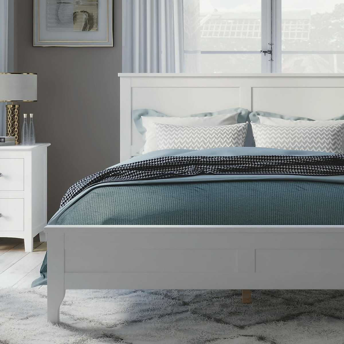 AOCOROE Solid Wood Full Bed Frame, Wooden Full Bed, Full Platform Bed with Headboard, Foot Board and Slats, No Box Spring Needed, White