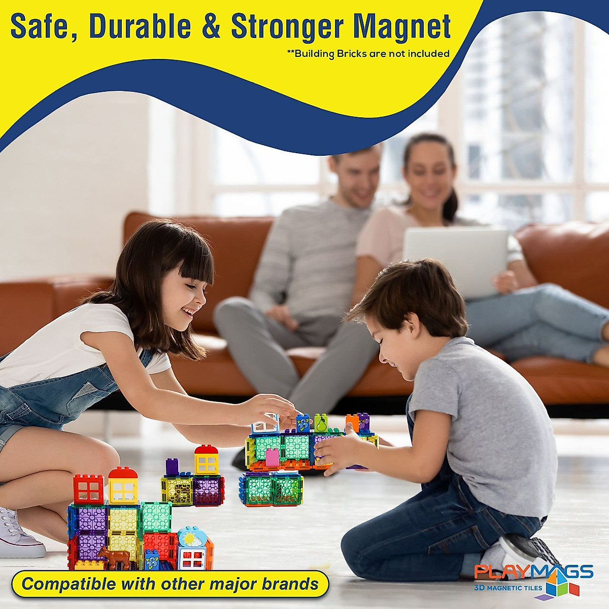 Playmags Magnetic Tiles, 18Pcs Magnetic Building Bricks, Exclusive Magnetic Blocks, Skill Development, Ages 3+ (Big Bricks Tiles)
