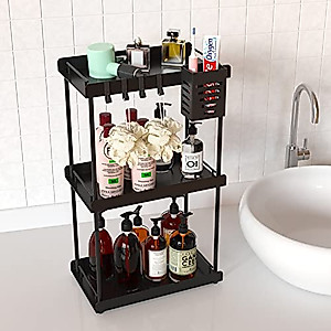 Bathroom Organizer Countertop- 3 Tier Iron Bathroom Organizer with Hair Dryer Holder, Detachable Cups and Hooks- Bathroom Sink Organizer Countertop Storage for Bathroom, Kitchen, Bedroom, Living Room(Black)