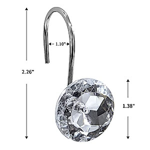 Gibelle Shower Curtain Hooks, Diamond Shaped Shower Curtain Rings Hooks for Bathroom Curtains Rod, Acrylic Decorative Rhinestones Bling Rolling Bathroom Accessories Set of 12, Clear