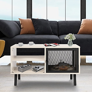 LTMEUTY Coffee Table for Living Room, Mid-Century Modern Coffee Table with Double Mesh Doors & Open Storage Shelves, Wood and Metal Cocktail Table, Accent Furniture, White Wood Grain