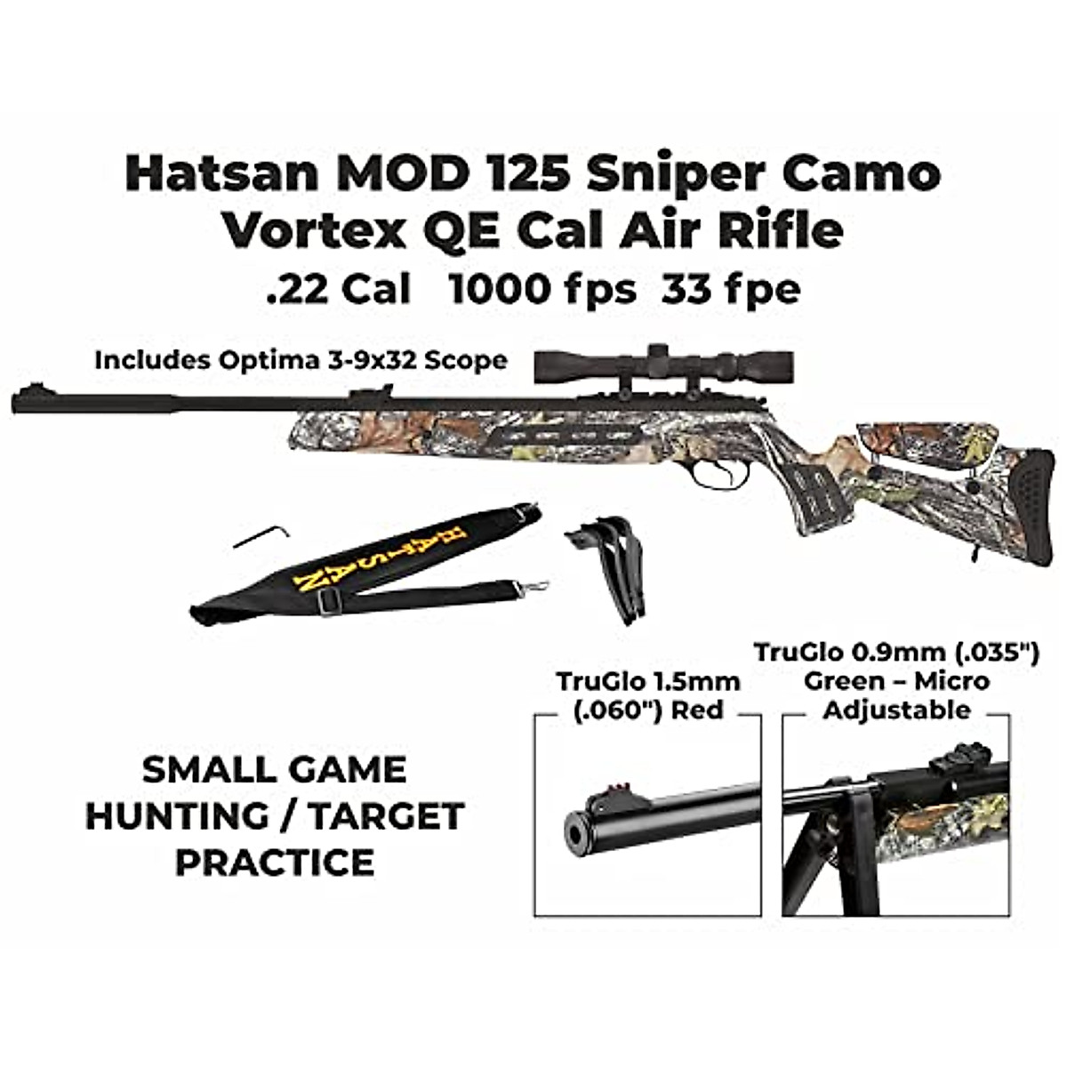 Hatsan Mod 125 Sniper Camo .22 Cal 1250 FPS / 33 FPE - Vortex Piston Break Barrel Air Rifle 22 Caliber + 3-9×40 Scope, Adjustable Cheek Piece & QuietEnergy QE air Gun + Wearable4U 250x Pellets Bundle
