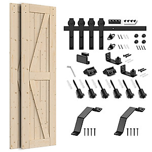 SMARTSTANDARD 24in x 84in Double Barn Door with 8ft Sliding Barn Door Hardware Kit & Handle, Pre-Drilled Ready to Assemble, DIY Unfinished Solid Spruce Wood Panelled Slab, K-Frame