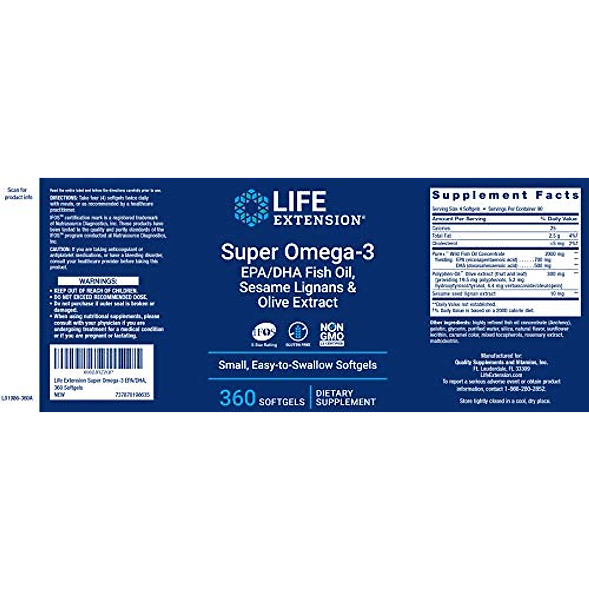 Life Extension Super Omega-3 360 Softgels (Pack of 2), Easy to Swallow, EPA/DHA Omega3 Fish Oil, Sesame Lignans & Olive Extract