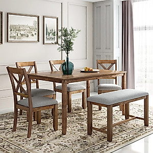 Merax 6-Piece Kitchen Set, Wooden Rectangular Dining-Table, 4 Chairs and Bench Family Furniture, Natural Cherry & Beige