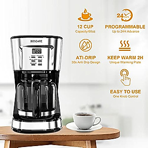 BOSCARE 12-Cup Programmable Coffee Maker: Drip Coffee Maker, Mini Coffee Machine with Auto Shut-off, Strength Control,Black