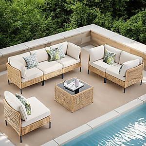 FEISHOMINOO 7 Piece Outdoor Patio Furniture Set, Oversize Outdoor Sectional Furniture, Rattan Chairs Glass Table Wicker Conversation Seating Sectional Sofa with Cushion Deep Seating for Porch