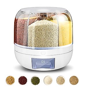 360° Rotating 6 Grid Food Dispenser,Rice Storage Container Waterproof and moisture-proof Dry Grain Food Storage Bucket for Home Kitchen