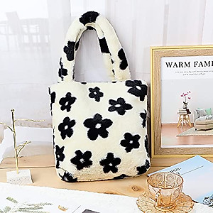 Fluffy Underarm Bag Fluffy Shoulder Bag Furry Plush Underarm Handbag Faux Fur Flower Tote Bag for Ladies Girls Women (Small)