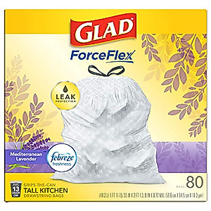 Glad ForceFlex Tall Kitchen Drawstring Trash Bags 13 Gallon White Trash Bag, Mediterranean Lavender scent with Febreze Freshness 80 Count (Package May Vary)