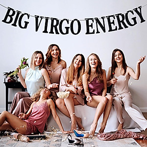 Big Virgo Energy Banner, Virgo Aug/Sept. Birthday Party Decor - 12 Constellation Theme Birthday Party Decorations Supplies, Black Glitter