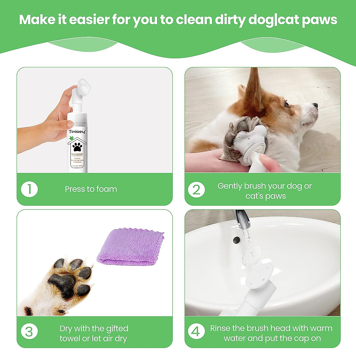 Tinioey Foaming Paw Cleaner for Dogs and Cats (6.8 oz) | No-Rinse Dandelion Cleanser with Brush and Absorbent Towel (Fragrance Free)