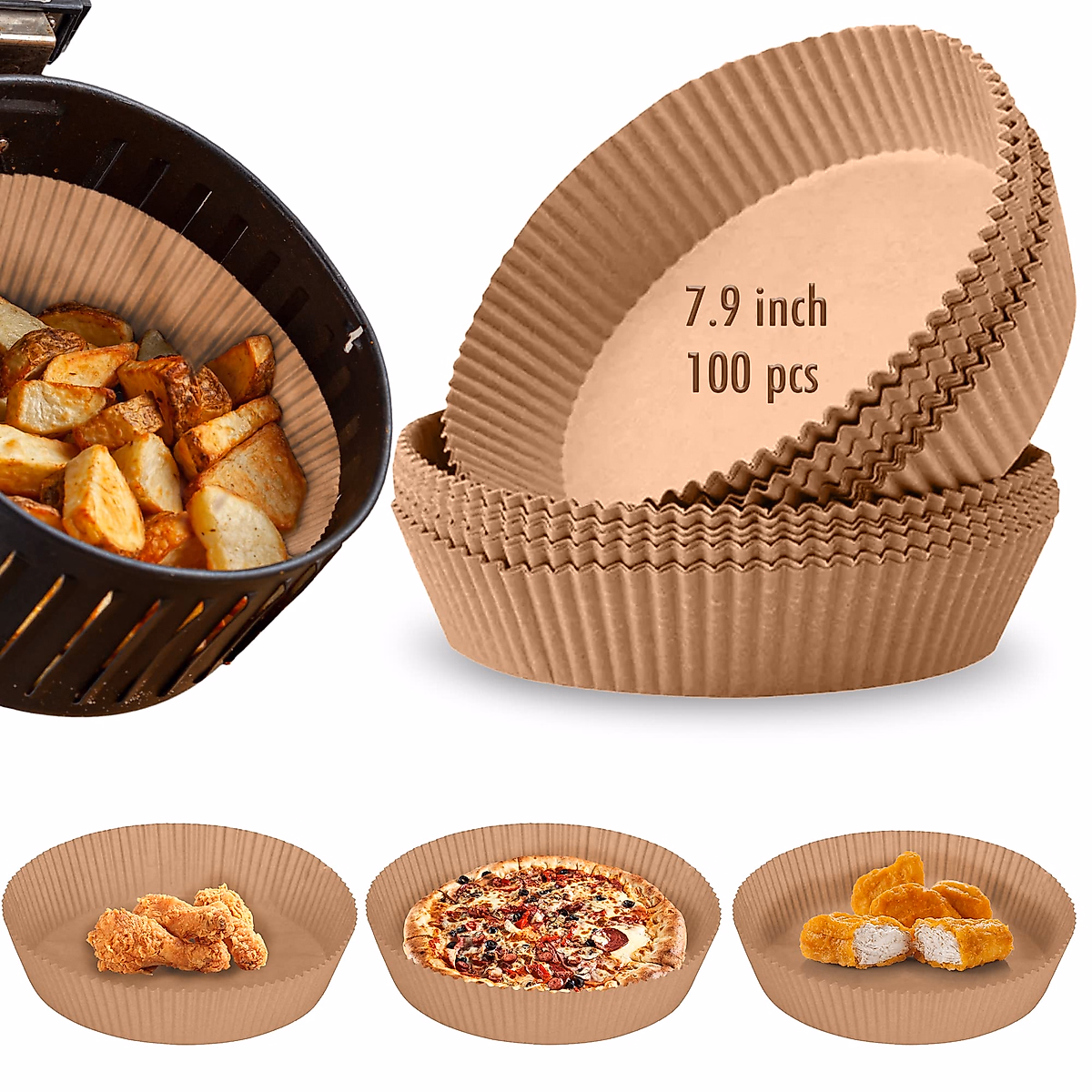New Korbah Air fryer Disposable Paper Liner - (7.9 Inches) 100 Pcs - Grease and Waterproof Oven Round Sheets Nonstick Parchment Paper for Air Fryer Non Stick Basket Liners for Baking Cooking