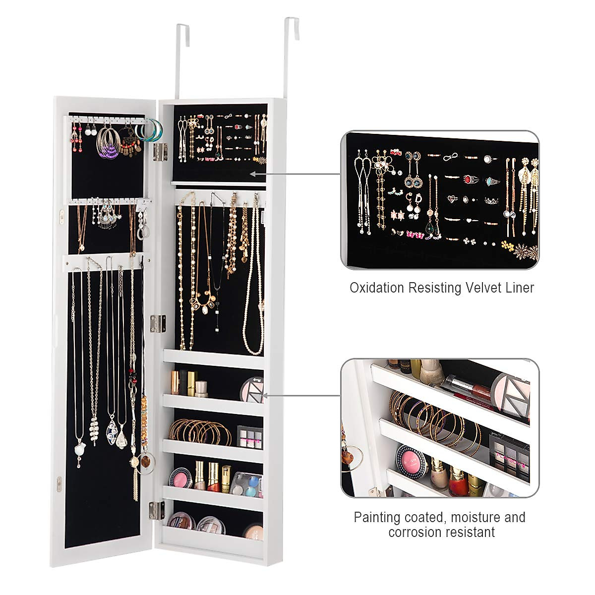 Giantex Jewelry Cabinet Armoire Door Wall Mounted, Full Length Mirror and 5 Storage Shelves for Display Bracelets Rings Cosmetics Hanging Organizer, Mirrored Storage Jewelry Cabinets