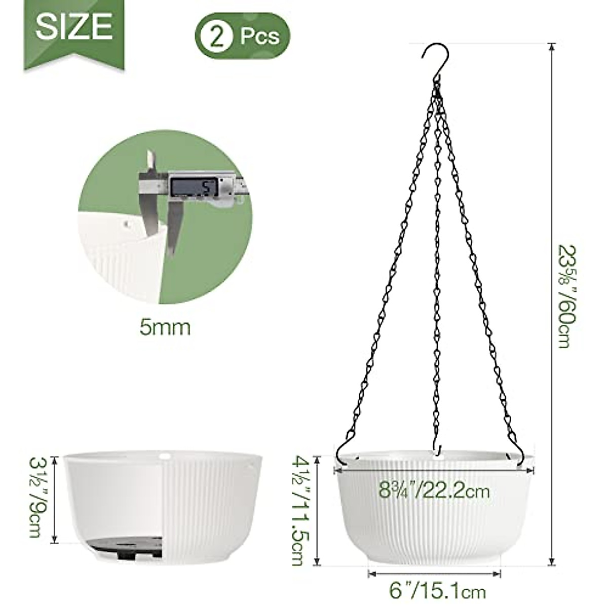 T4U Hanging Planter Self Watering 8 Inch, 2 Pack White Indoor Outdoor Hanging Plant pots, Hanging Flower Pot with Drainage Hole & Plug & Chain with 3 Hooks for Garden Home Decor