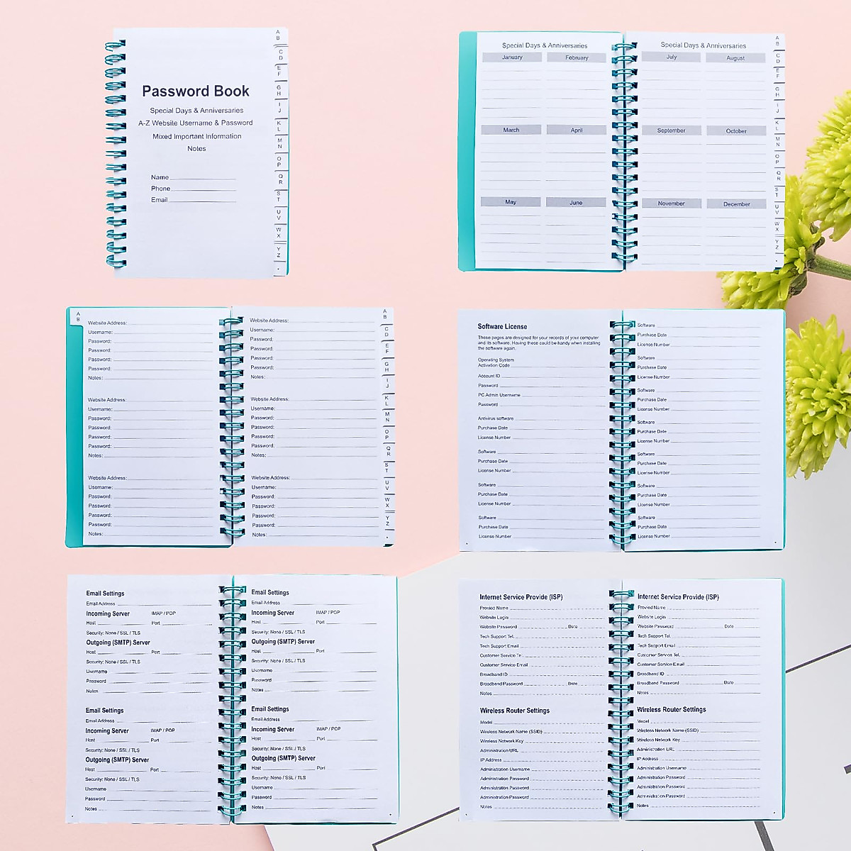 Discreet Password Book with Alphabetical A-Z Tabs - Password Notebook for Internet Website Address Login, Password Keeper and Organizer, No Title on The Cover, 6" x 4", Green