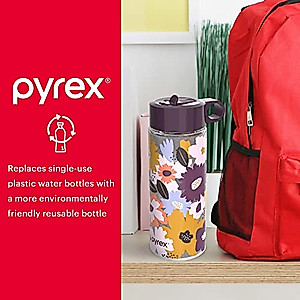 Pyrex 24-Oz Color Changing Water Bottle with Flip-Top Lid, Leakproof and Textured Glass Reusable, Eco-Friendly, BPA-Free Silicone Coating, Happy Floral