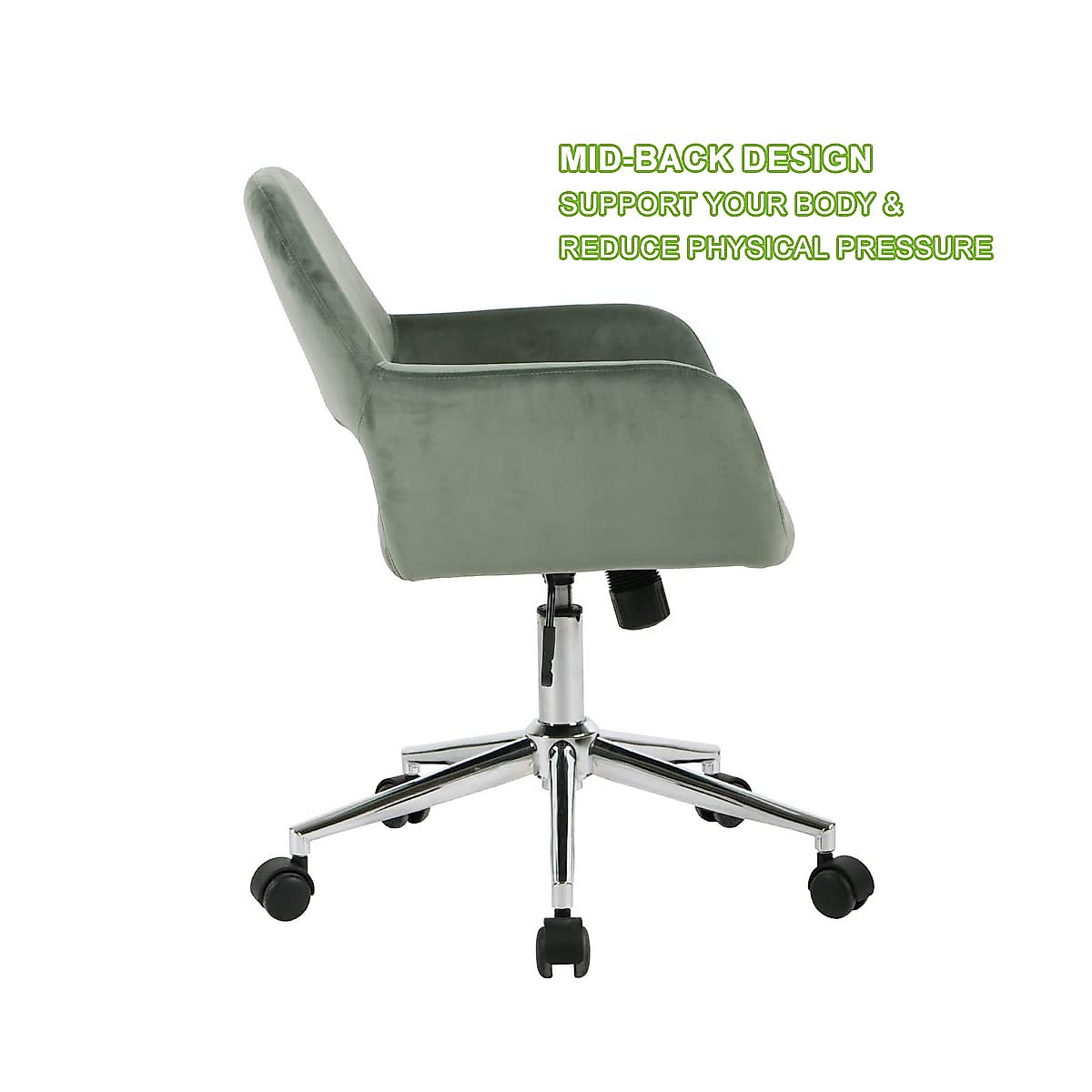 Geniqua Cactus Green Velvet Office Chair Swivel Task Chair Adjustable Mid Height Casters Rolling Computer Chair Modern for Home Office