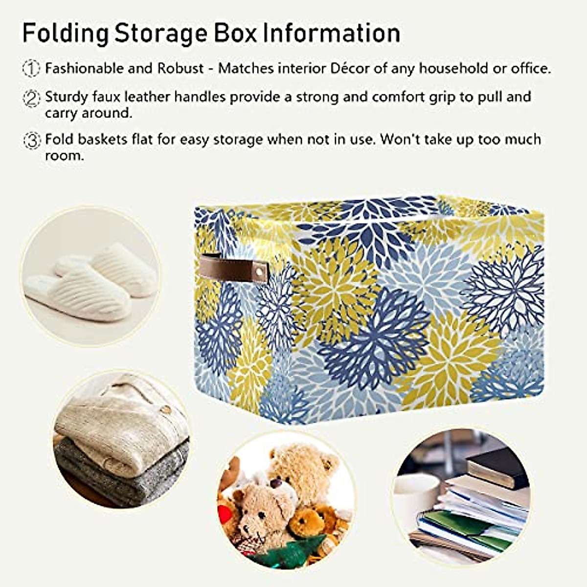Blue Floral Navy Chrysanthemums Storage Basket Bin Blue Yellow Flower Large Fabric Toys Storage Cube Box with Handles Collapsible Closet Shelf Cloth Organizer Basket Set of 2 for Nursery Bedroom