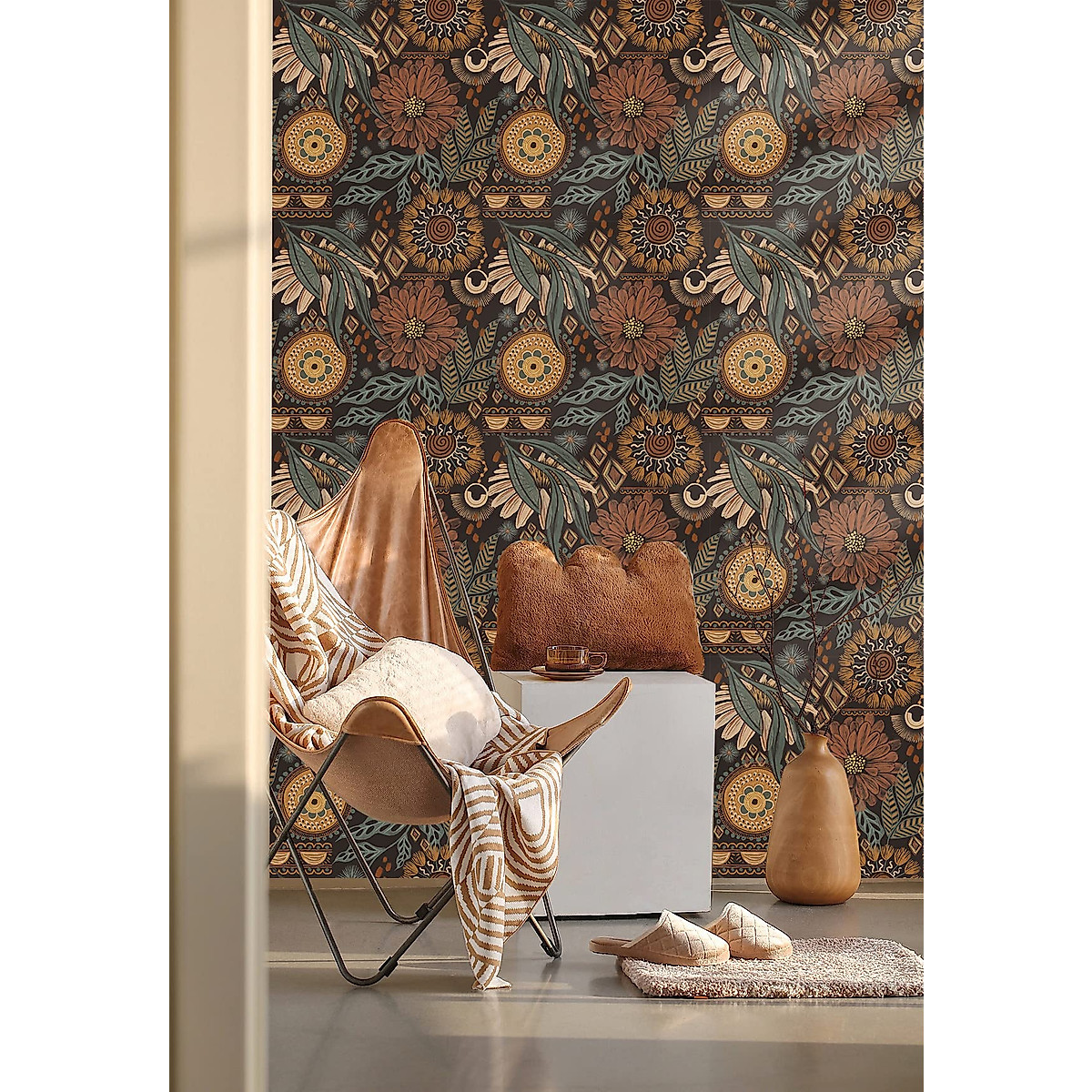 HAOKHOME Wallpaper Peel and Stick Floral Boho Brown/PeachPuff/Green Retro Wall Decor Bathroom Removable Mural 17.7in x 6.6ft