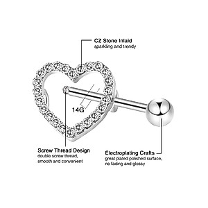 JOVITEC 2 Pairs Stainless Steel Nipple Ring CZ Barbell Rhinestone Nipple Studs for Nipple Tougue Body Piercing, 14 G (Silver)