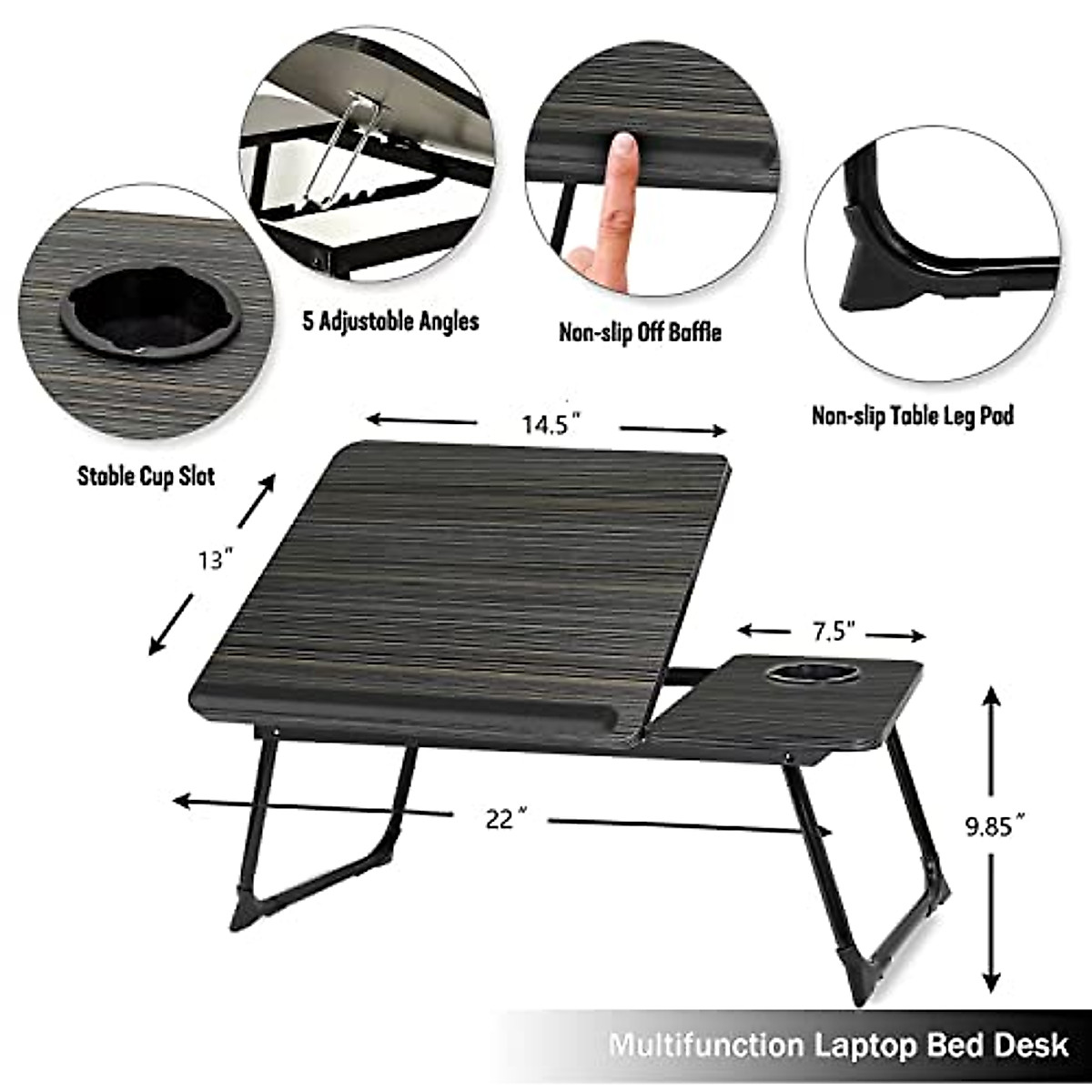 Laptop Desk for Bed Couch,Lap Desk for Laptop,Portable Laptop Stand for Desk,Small Adjustable Laptop Desk,Foldable Bed Table for Laptop and Writing, Bed Tray Table with Cup Holder(Black)