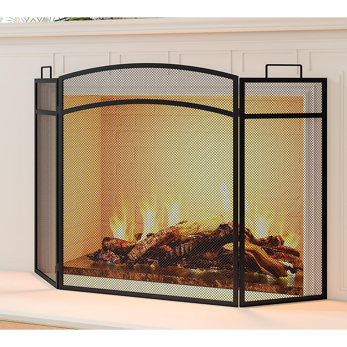 Calidola 3 Panel Fireplace Screen 48" W x 29" H Modern Foldable with Wrought Metal Decorative Mesh,Arch Heavy Duty Fire Spark Guard Cover for Home Decor Indoor, Black