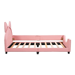Upholstered Twin Daybed Frame for Kids, PU Leather Twin Platform Bed with Carton Ears Shaped Headboard, Wood Twin Sofa Bed for Girls Boys, No Box Spring Needed, Pink