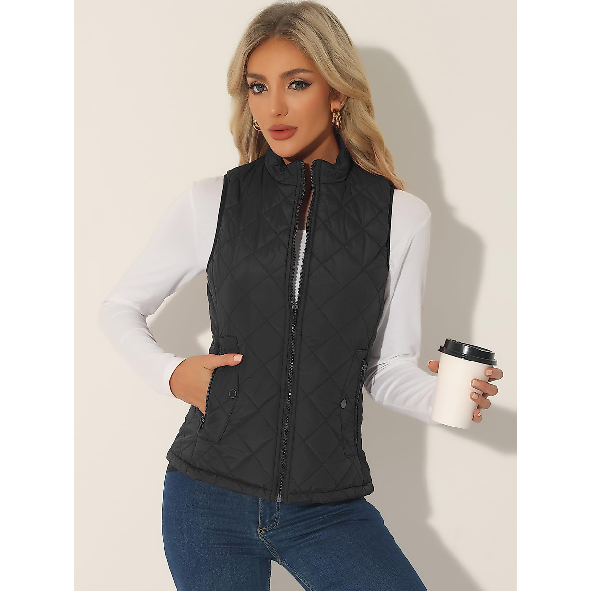 Allegra K Women's Puffer Vest Stand Collar Lightweight Gilet Quilted Zip Vest Medium Black