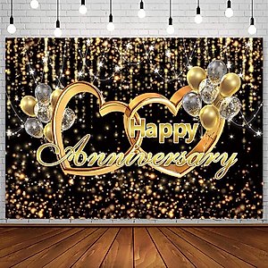AIBIIN 10x7ft Black Gold Happy Anniversary Backdrop Gold Glitter Bokeh Spot Wedding Anniversary Bridal Shower Photography Background Cheers to Wedding Miss to Mrs Party Decoration Banner Photo Prop