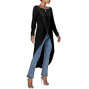 LYANER Women's High Low Long Sleeve Wrap Front Split Hem Long Shirt Blouse Tunic Top Solid Black Large