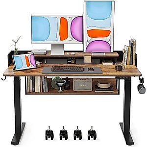 BANTI 55"x24" Standing Desk Adjustable Electric Height with Monitor Stand, Double Storage Shelves Stand Up Desk, Home Office Workstation Sit Stand up Desk (Rustic Brown)