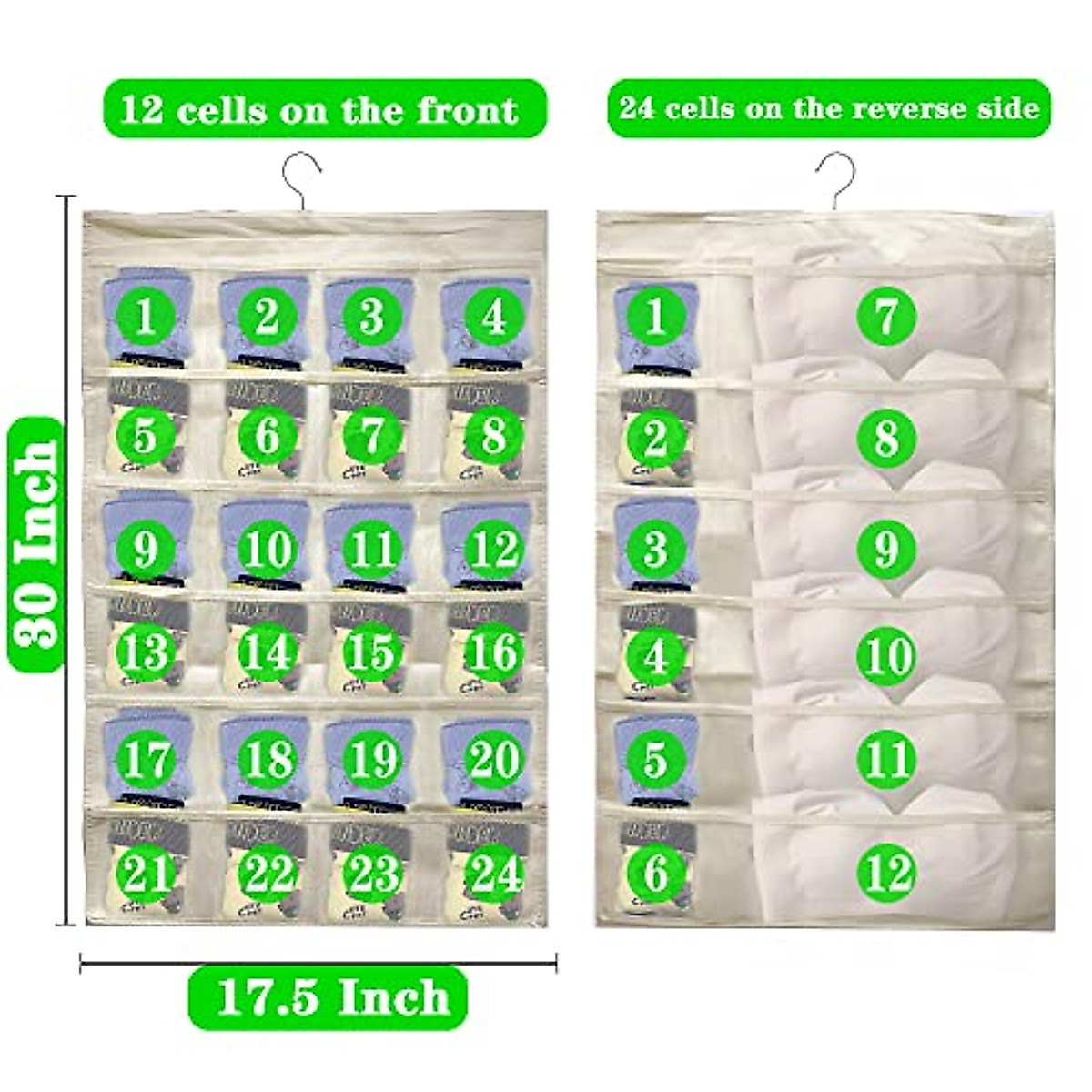 Hanging closet organizer, 36 individual mesh pockets and rotatable metal hangers, double-sided wall hanging storage, hanging storage organizer saves space, can put bras panties socks light small items