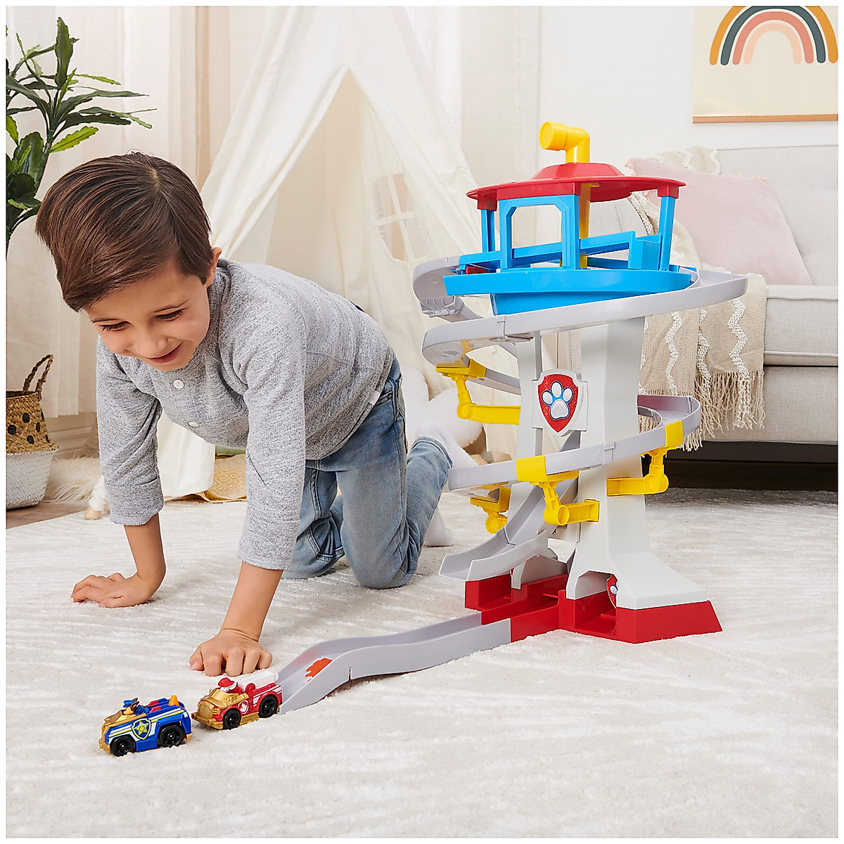 Paw Patrol Adventure Bay Lookout Tower Playset With 2 Die-Cast 1:55 Vehicles (Chase and Marshall): Twin Track Rescue Way 25 Pc Set With Launching Periscope - Accommodate Up to 6 True Metal Racing Cars
