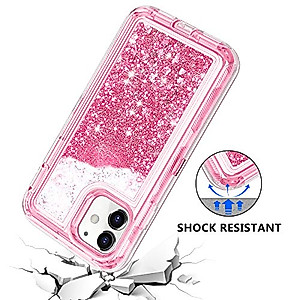 WOLLONY for iPhone 11 Case Glitter, Heavy Duty Girly Liquid Bling Quicksand 3 in 1 Hybrid Impact Resistant Shockproof Hard Bumper Soft Clear Rubber Protective Cover for iPhone 11 6.1inch Pink