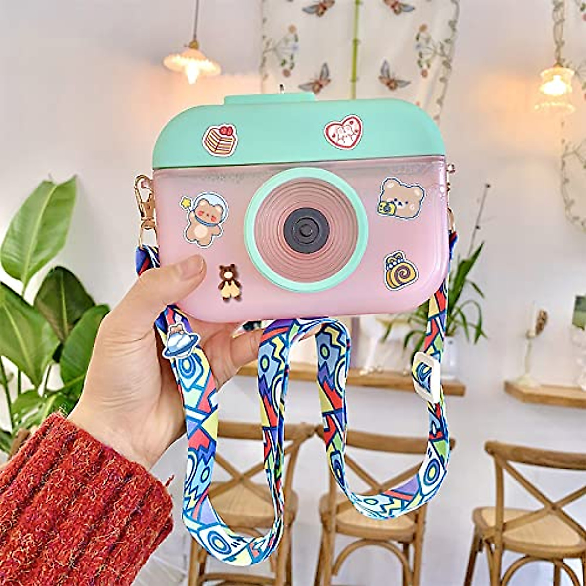 JQWSVE Kawaii Water Bottle with Straw, 400ml Cute Water Bottle BPA Free, Camera Shape Water Bottle with Adjustable Shoulder Strap for School Outdoor