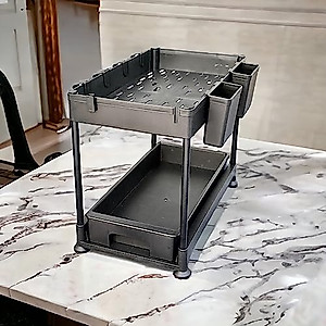 Lowery House 2-Tier Under Sink Organizer - Multifunctional Sliding Storage Countertop Kitchen - Hanging Cups and Hooks - Rust Free & Easy to Assemble