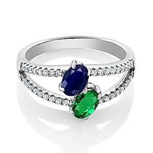 Gem Stone King 925 Sterling Silver Blue Sapphire and Green Simulated Emerald 2 Stone Ring For Women (1.36 Cttw, Gemstone Birthstone, Available In Size 5, 6, 7, 8, 9)