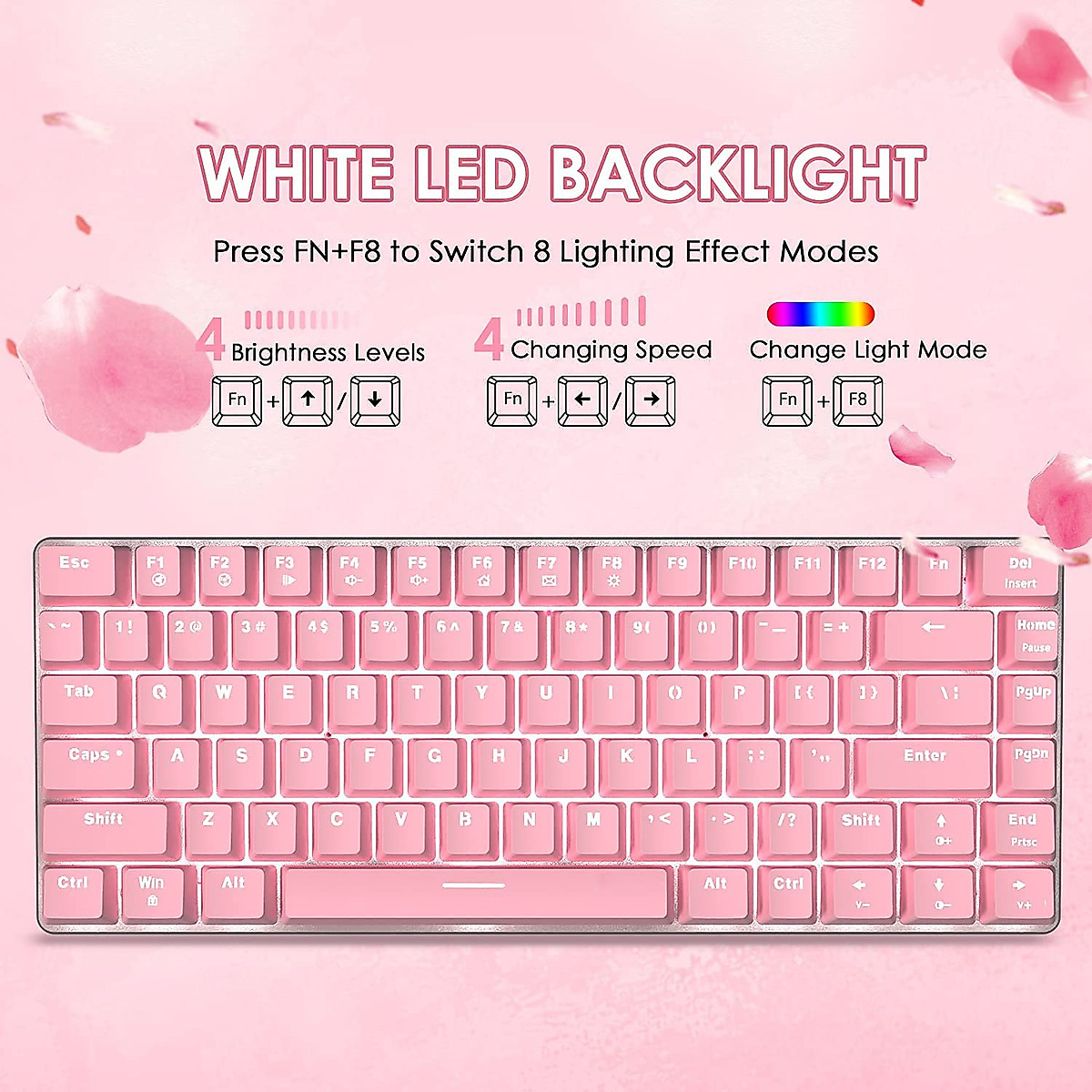 FELICON Pink Mechaincal Gaming Keyboard and Mouse Pad Combo Blue Switches USB Wired White Backlit Compact 82 Keys Anti-ghosting,Compatible with Windows PC Laptop Mac Game Office
