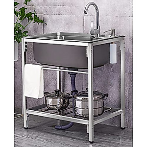 Handmade Sink 304 Stainless Steel Kitchen Sink 1 Compartment Sink Prep Workstation with Faucet for Laundry Room, Backyard, Garages, Garden (Color : Silver, Size : 53x38x75cm)