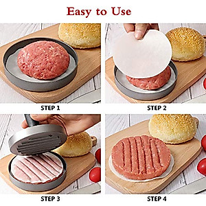 BUDOBEG Hamburger Press Patty Maker for 1/4 to 1/2 Lb Aluminum Non-Stick Burger Press with Wax Paper Plastic Gloves and Spatula, 4.5 in Diameter