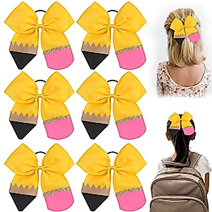 Back to School Pencil Cheer Hair Bows, Oaoleer 6PCS Grosgrain Ribbon Yellow Pencil Bows Gifts Decorations for Girls Toddler Kids Kindergarten 1st 2nd 3rd 4th 5th Grade (Pencil Bows Elastic Band)