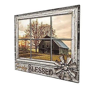 Rustic Old Barn Canvas Wall Art Farmhouse Barn Family Decor Print Paintings Country Scenery in Fake Window Pictures Modern Home Artwork Decor For Living Room Kitchen Bathroom Framed Ready To Hang 20x24 Inch