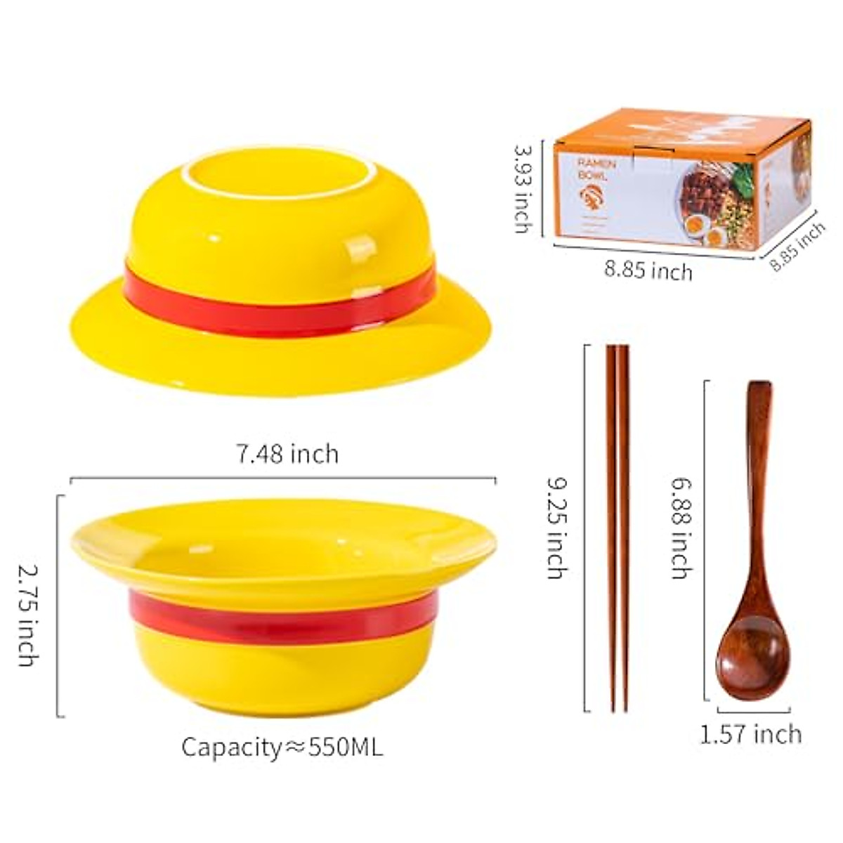 Feellawn Straw Hat Ramen Bowl With Chopsticks for Anime Fans（Ceramic）